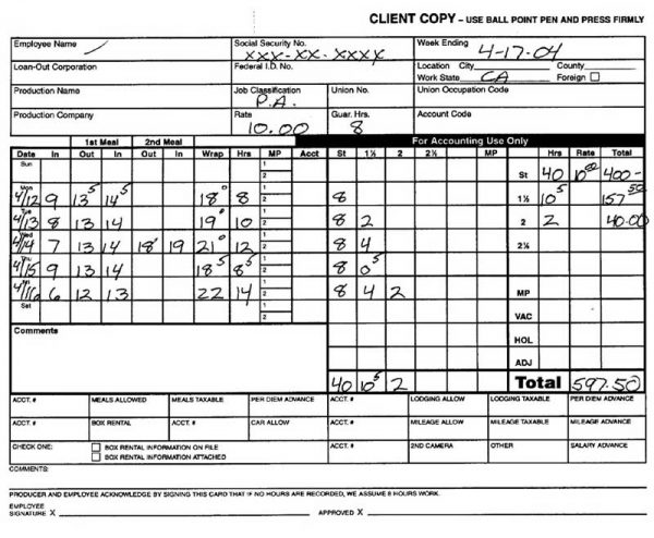 Sample Timecards - Entertainment Payroll - Media Services